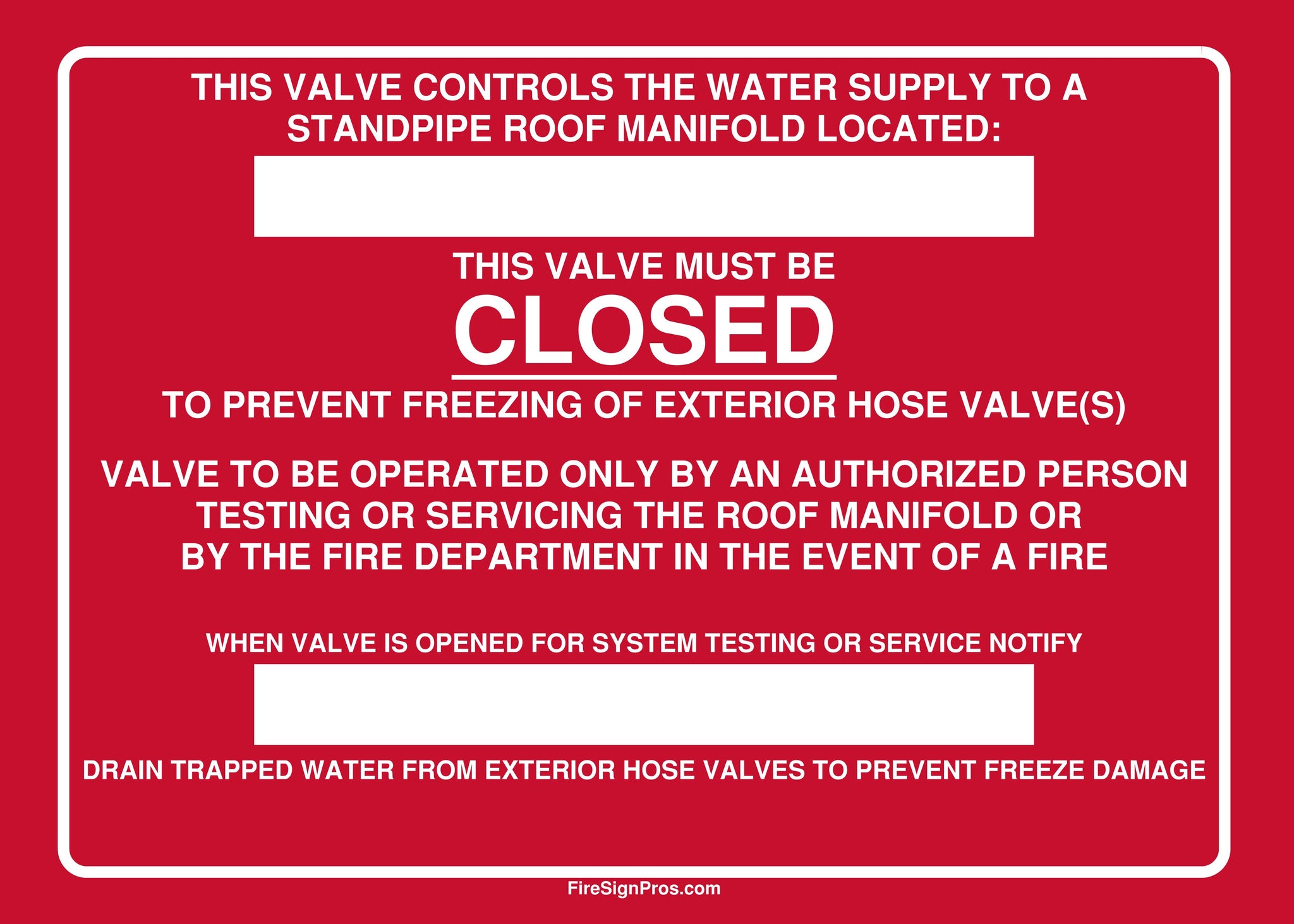 Detailed Roof Manifold Control Valve Sign – Fire Sign Pros