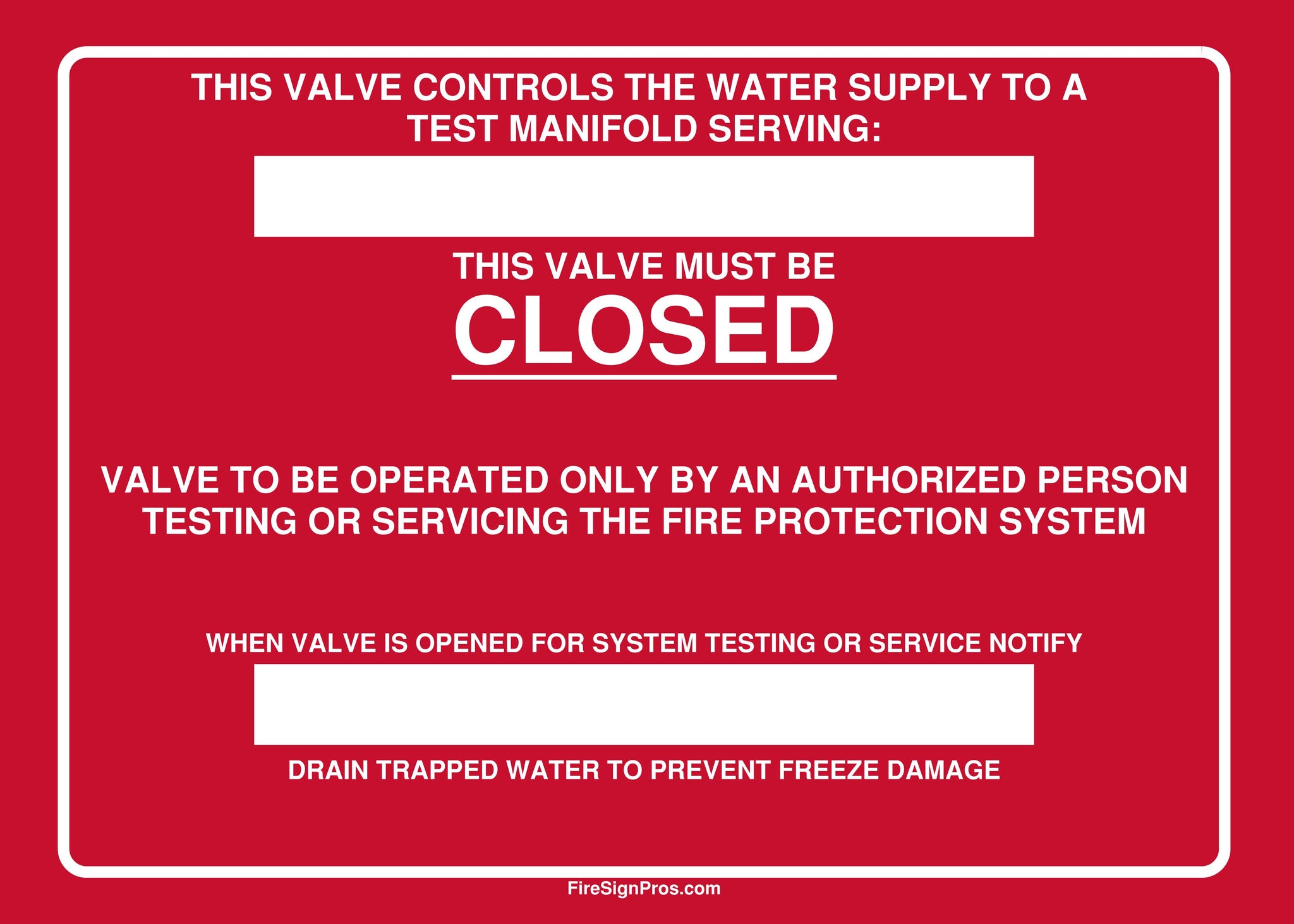 Detailed Test Manifold Control Valve Sign – Fire Sign Pros